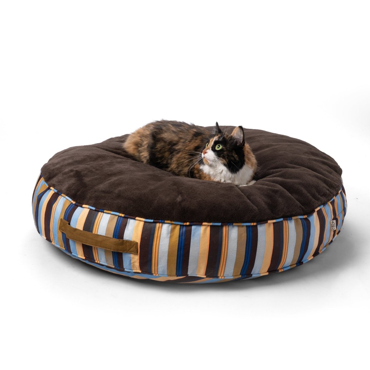Round Pet Bed with Washable Faux Fur and Stripe Cover